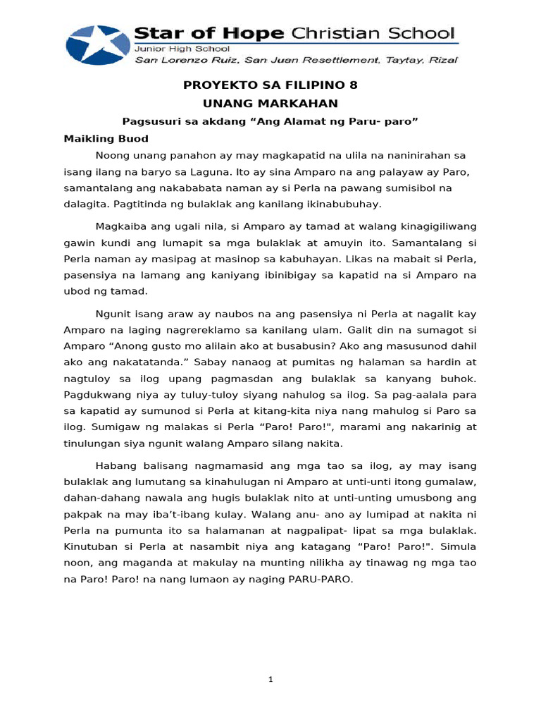 Filipino 8 Proyerkto First Grading | PDF