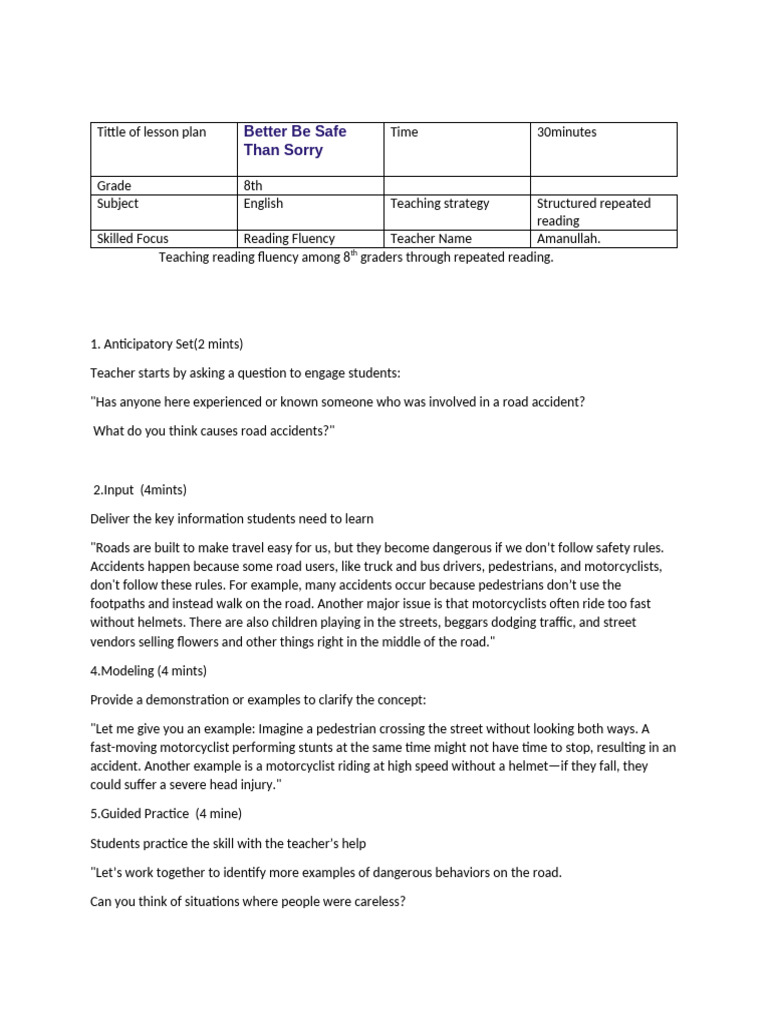 Fluency Lesson Plan | PDF | Traffic Collision | Career & Growth