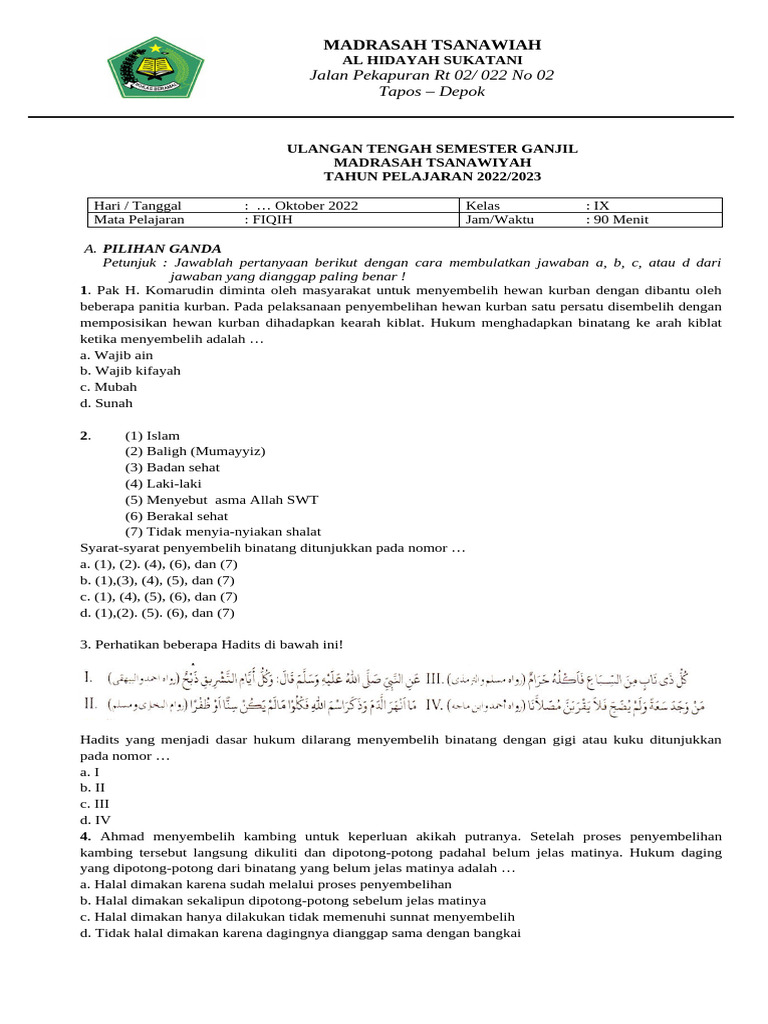 Soal PTS Fiqih Kelas 9 Ganjil | PDF