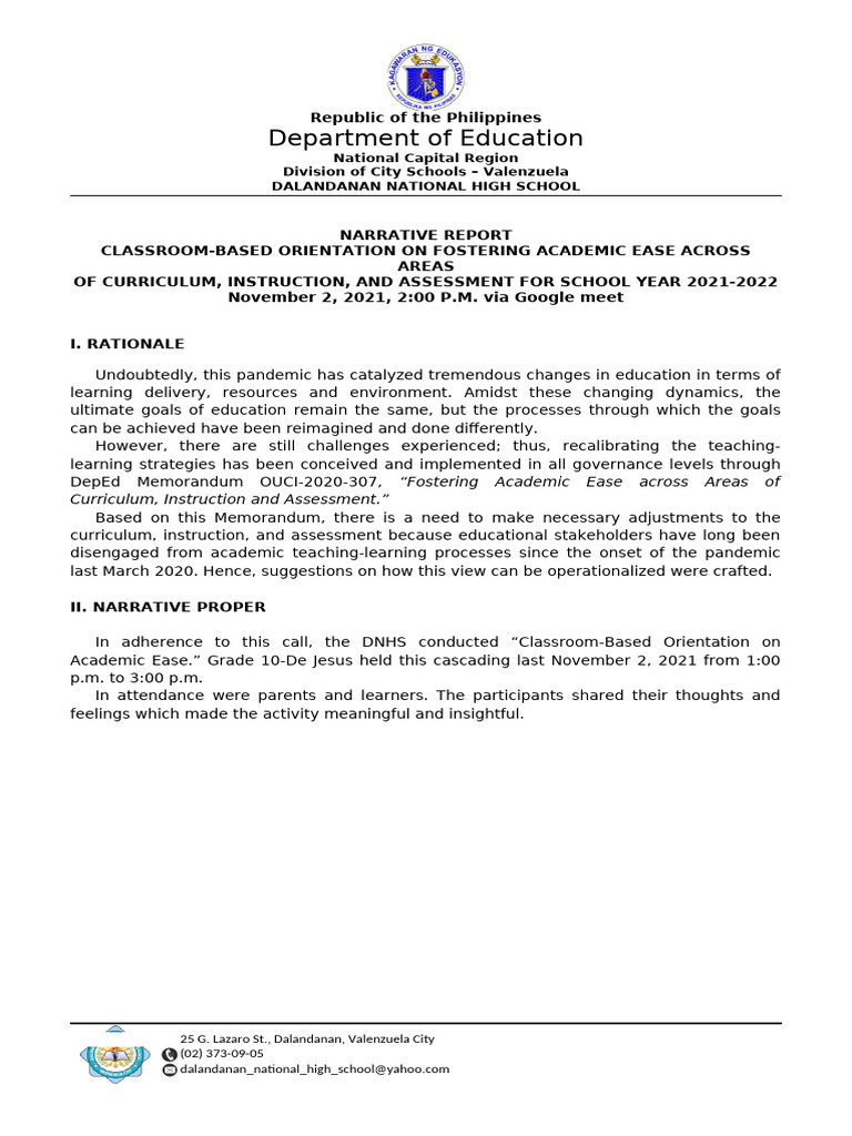 Narrative Report - Orientation On Academic Ease | PDF