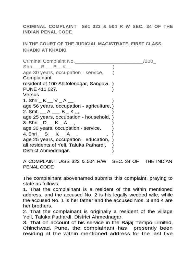 CRIMINAL COMPLAINT Sec 323 - 504 R W SEC. 34 OF THE INDIAN PENAL CODE | PDF | Criminal Justice | Law