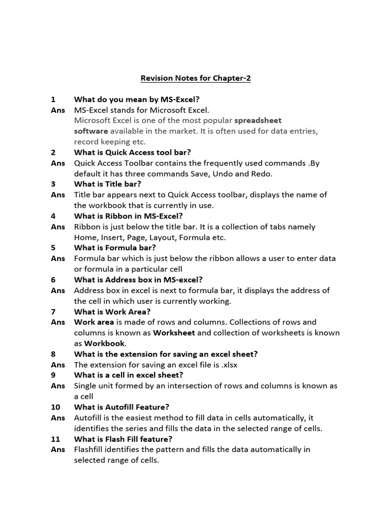 Revision Notes For Chapter 2 MS Excel | PDF | Microsoft Excel | Computers