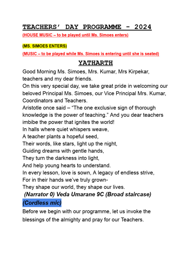 Teachers' Day Programme - 2024 | PDF