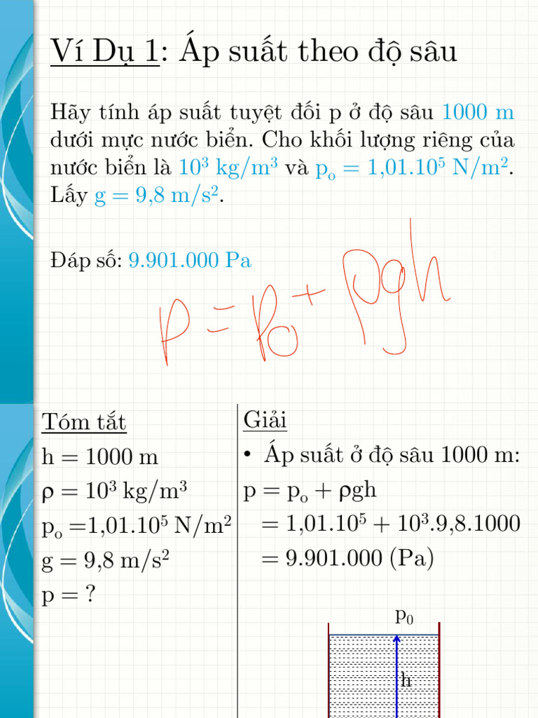 Ví Dụ 1: Áp suất theo độ sâu: 1000 m 10 kg/m p = 1,01.10 N/m g = 9,8 m/s | PDF
