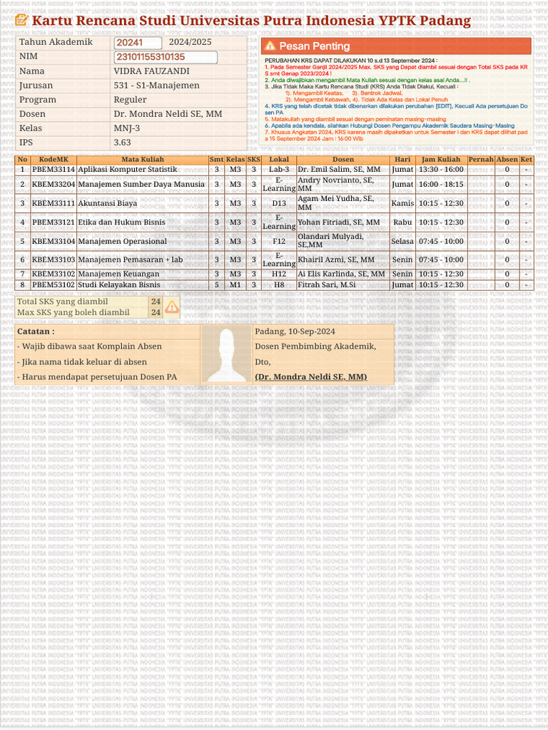 Print Kartu Rencana Studi (KRS) Mahasiswa | PDF