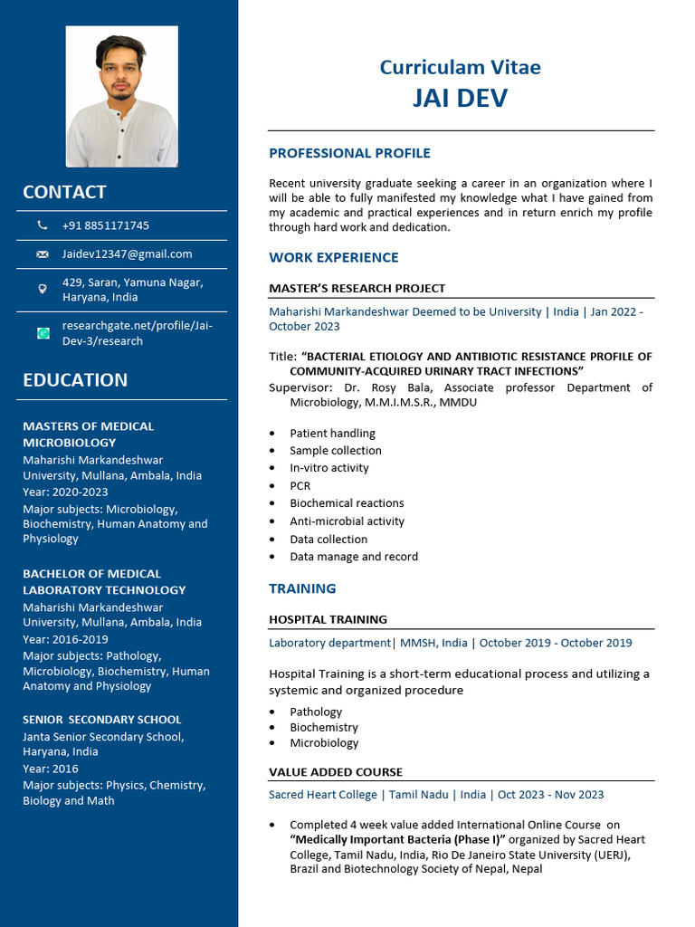 CV - Jai Dev | PDF | Microbiology | Medical Specialties