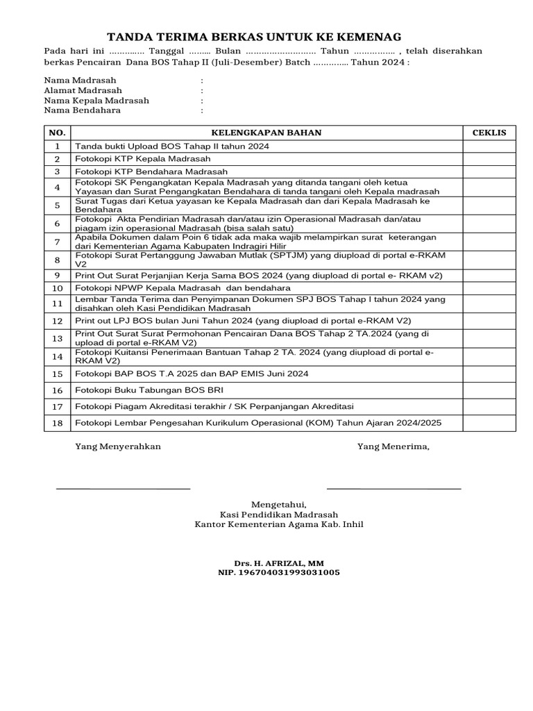 2024 MI BRI tanda terima berkas pencairan BOS Tahap II | PDF