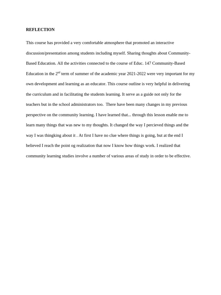 Reflection Educ.147 Community-Based Education | PDF