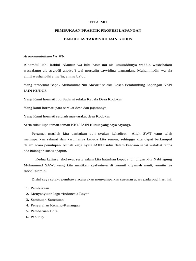 Teks MC Pembukaan PPL-1 | PDF