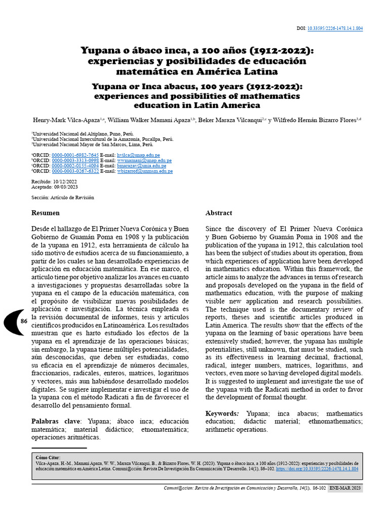 Yupana o Abaco Inca A 100 Anos 1912-2022 Experienc | PDF