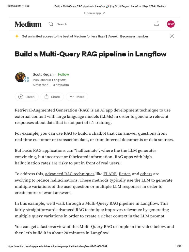 Build A Multi-Query RAG Pipeline in Langflow ? - by Scott Regan - Langflow - Sep, 2024 - Medium ...