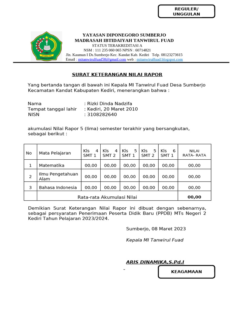 Contoh - Surat Keterangan Rapor | PDF