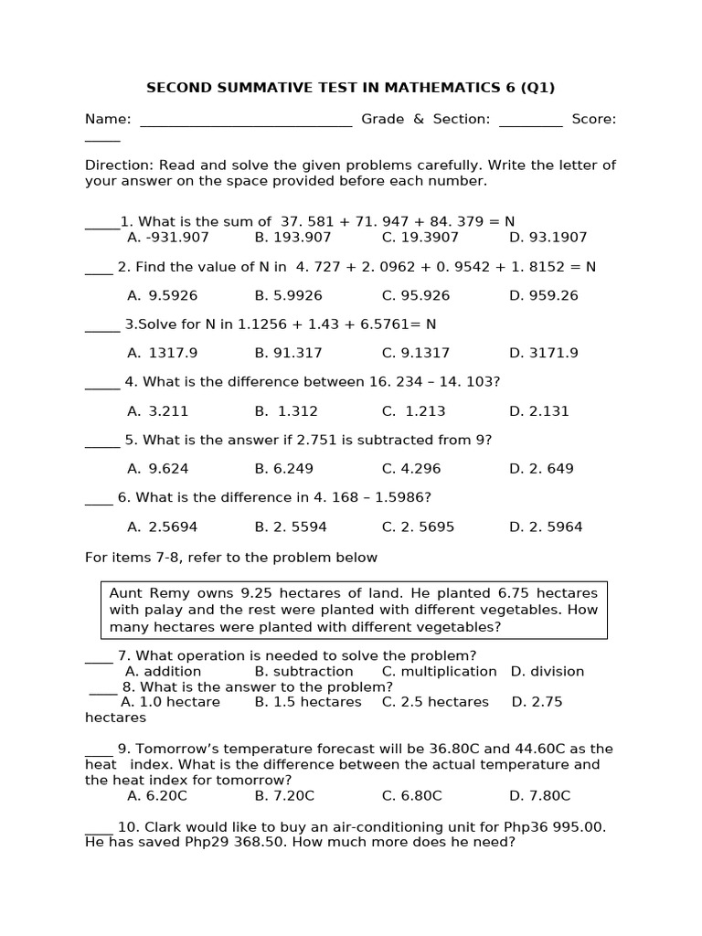 Second Summative Test in Mathematics 6 | PDF Second Summative Test in Mathematics 6 | PDF