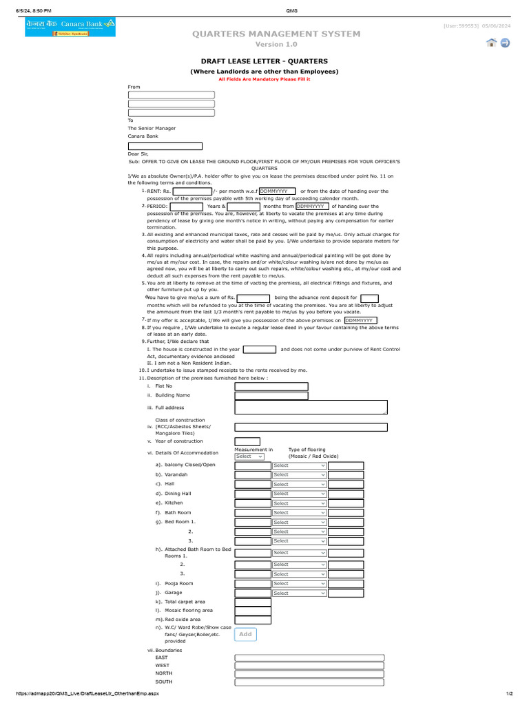 Quarters Management System: Draft Lease Letter - Quarters | PDF
