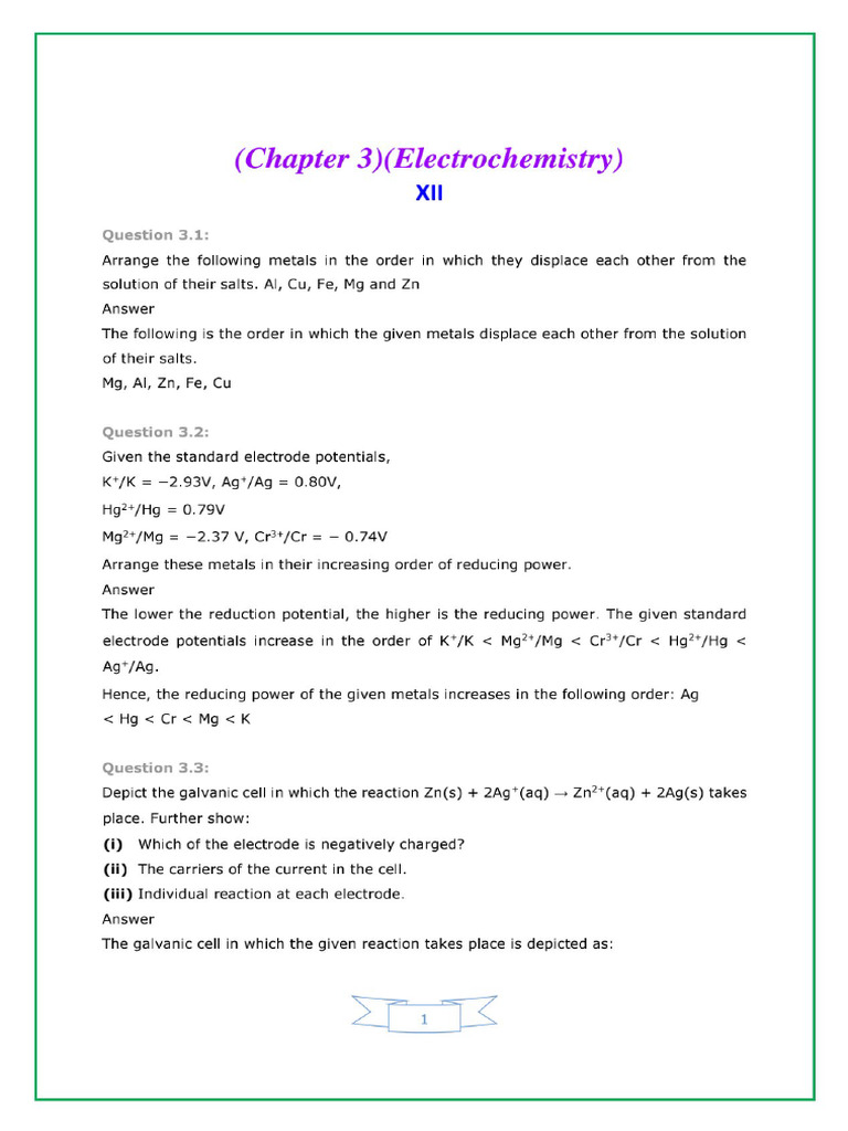 Class12th Electrochemistry Exercise | PDF