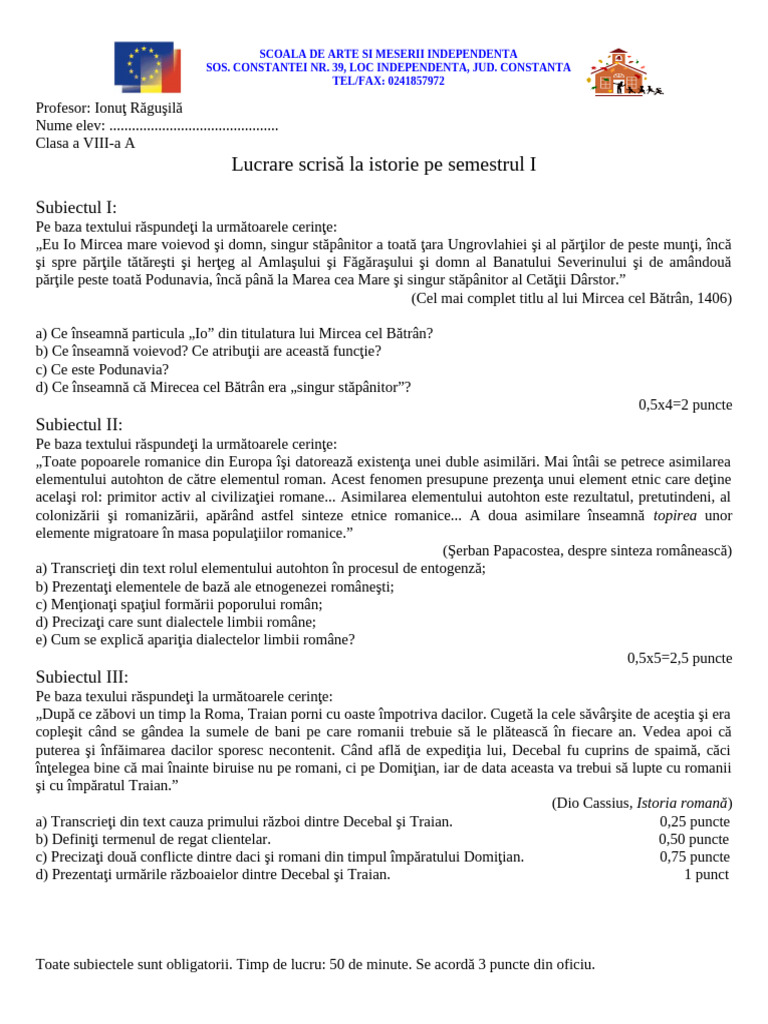 Test Clasa A Viiia Lucrare Scrisa La Istorie Pe Semestrul I | PDF