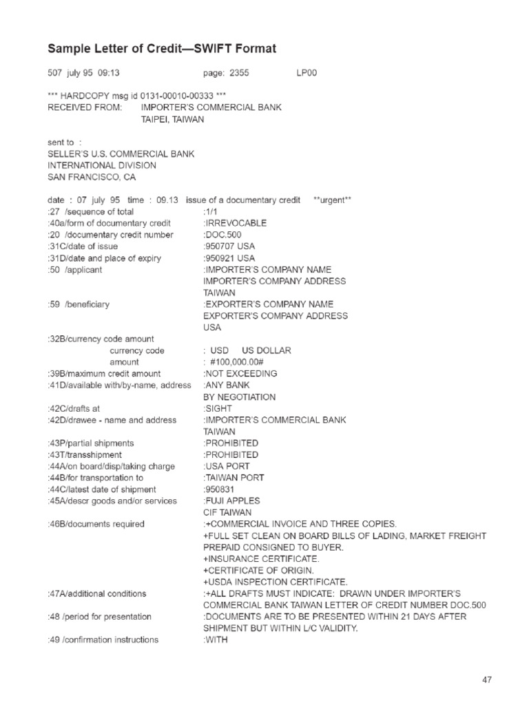 (03b) Sample Letter of Credit-SWIFT Format (Mau Thu Tin Dung Theo SWIFT Format) | PDF