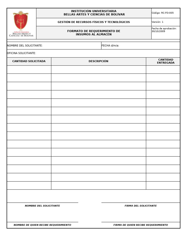 RC FO 005 Formato de Requerimiento de Insumos Al Almacen | PDF