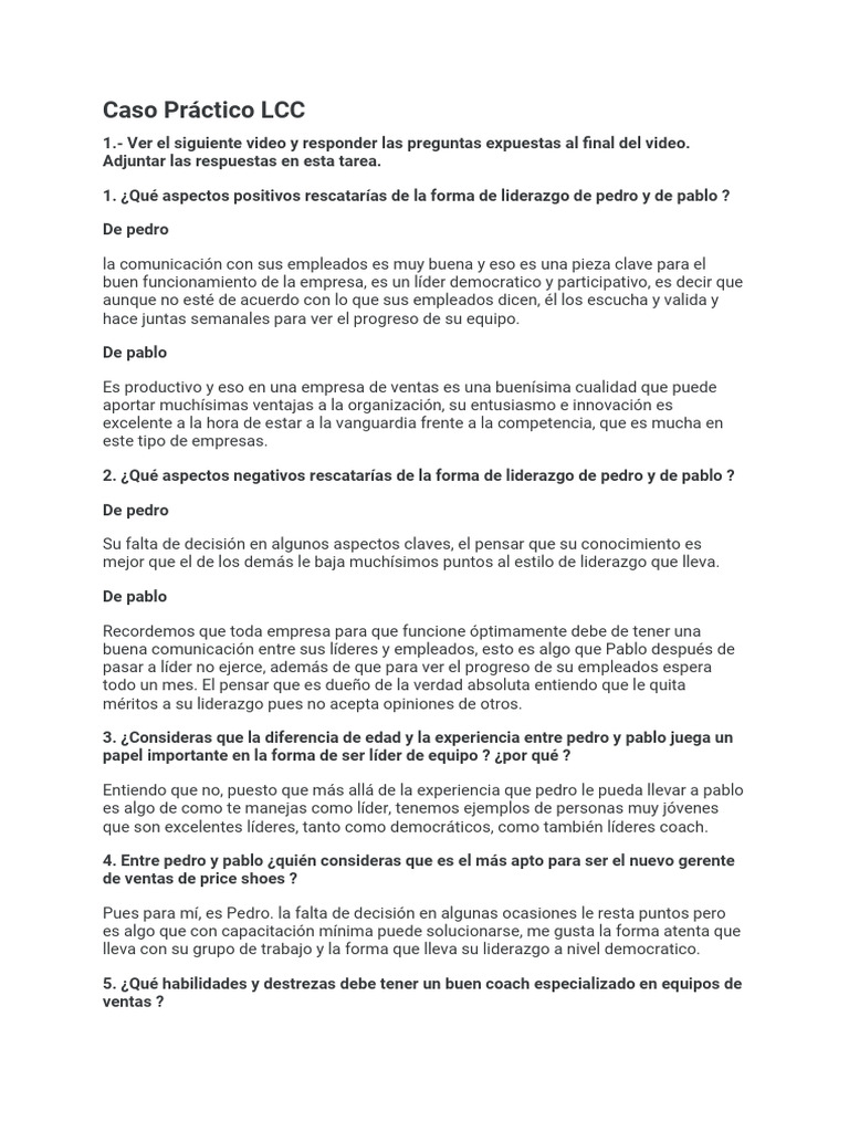 Caso PrÃ¡ctico LCC | PDF | Liderazgo | Sicología