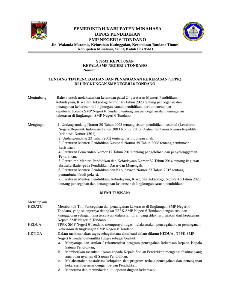 Surat Keputusan TPPK SMPN 6 Tondano | PDF