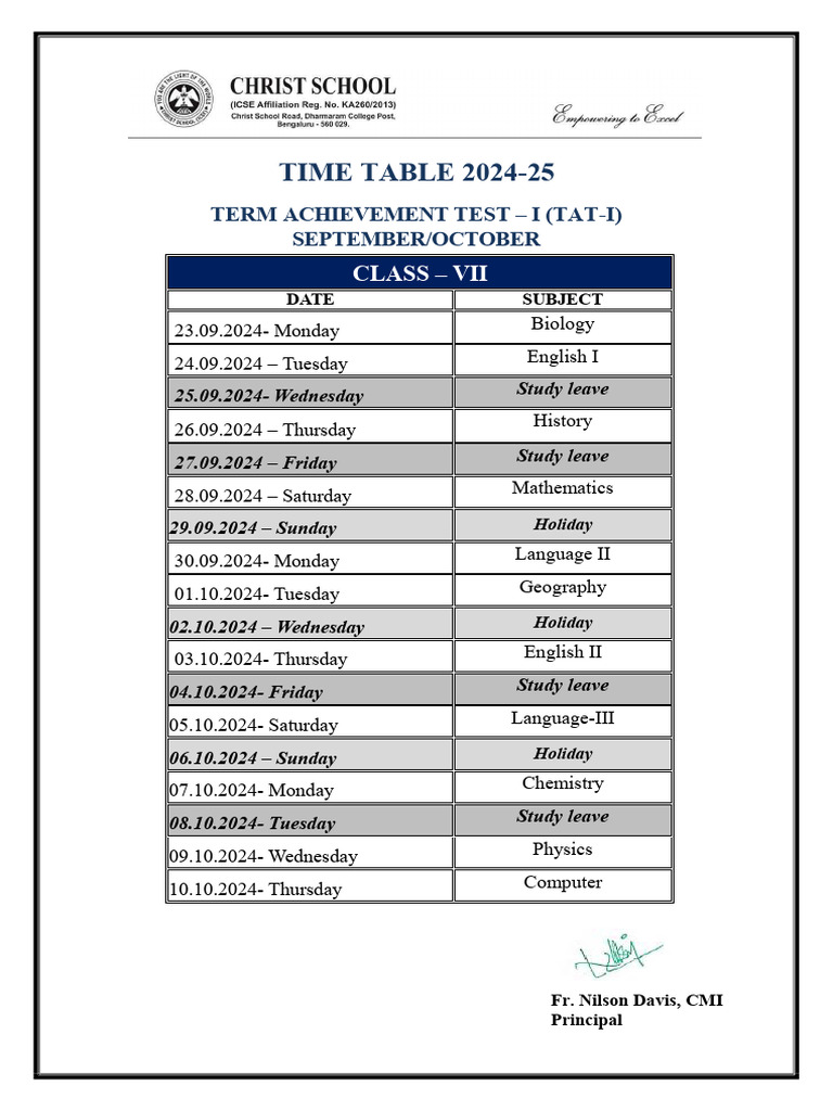 7 TAT 1 Time Table 2024 | PDF