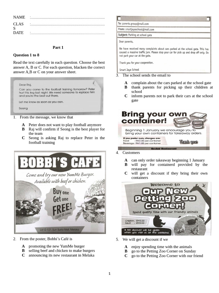 Exam Paper Form 1 | PDF