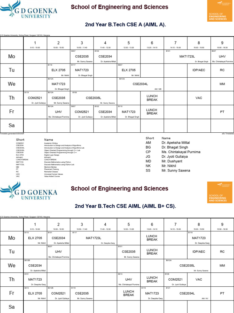 Classwise Timetable SOES - 20 Sep | PDF