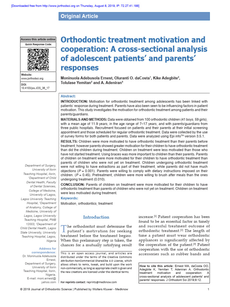 Orthodontic Treatment Motivation and Cooperation A | PDF | Orthodontics ...