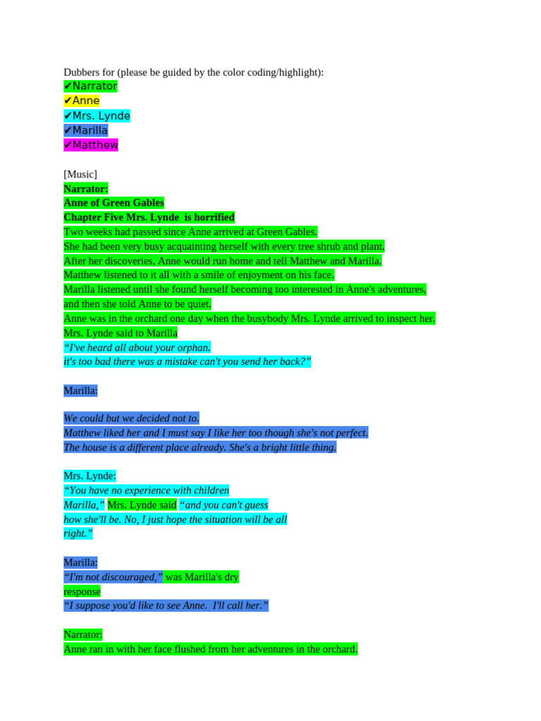 Anne of Green Gables (Chapter 5) Script | PDF