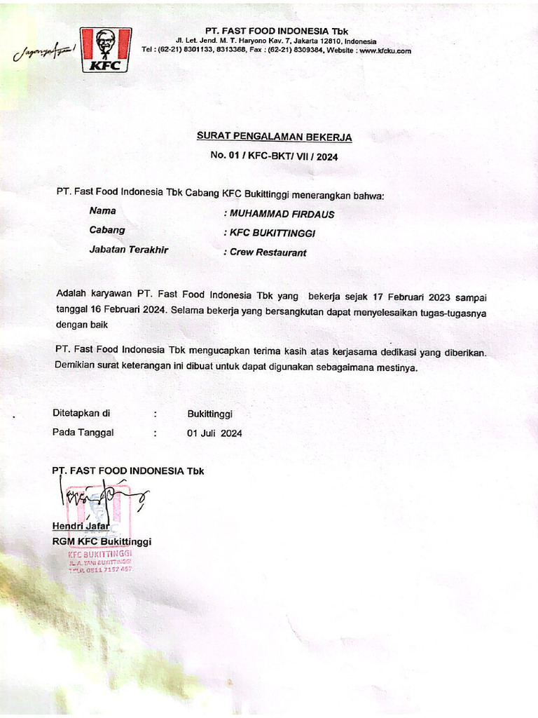 Pengalaman Kerja KFC Bukittinggi | PDF
