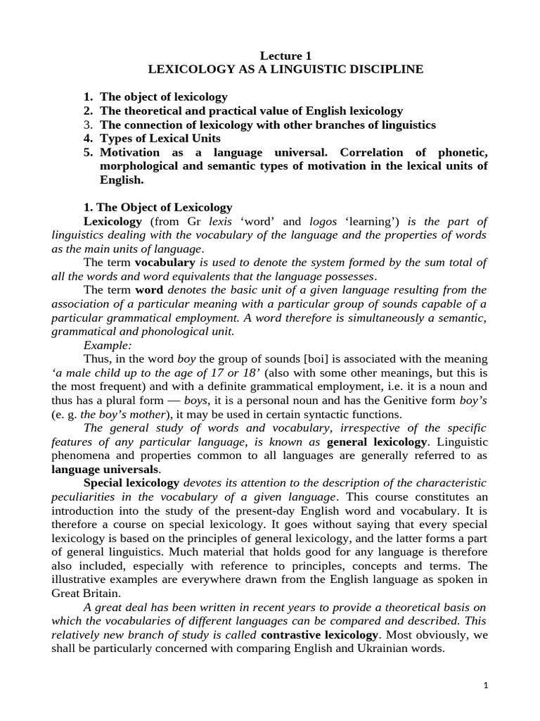 Lecture 1 Lexicology As A Linguistic Discipline | PDF