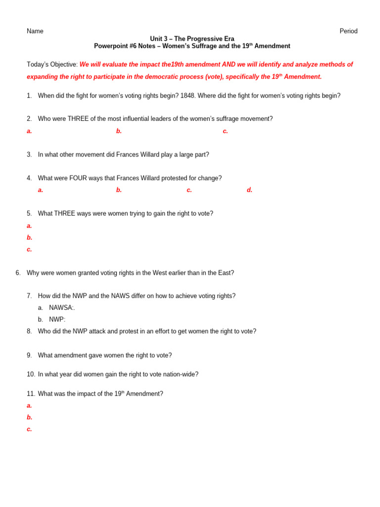 Unit 3 - The Progressive Era Powerpoint #6 Notes - Women's Suffrage and ...