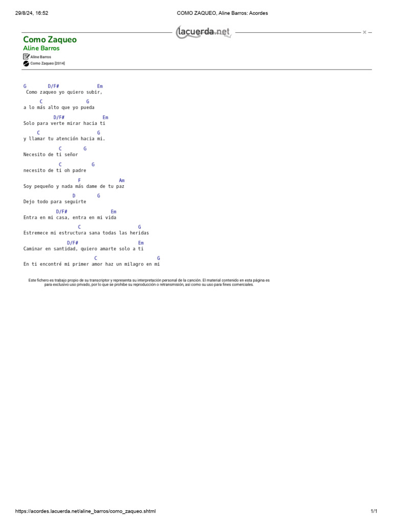 COMO ZAQUEO, Aline Barros - Acordes | PDF