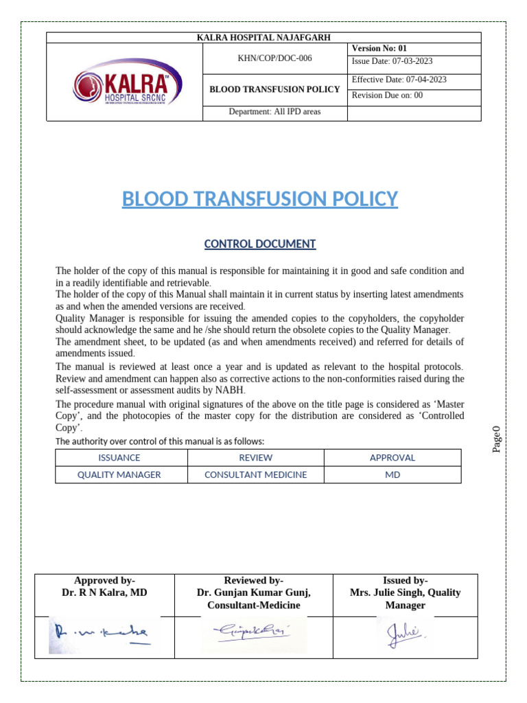 Blood Transfusion Policy Overview | PDF | Blood Transfusion | Blood