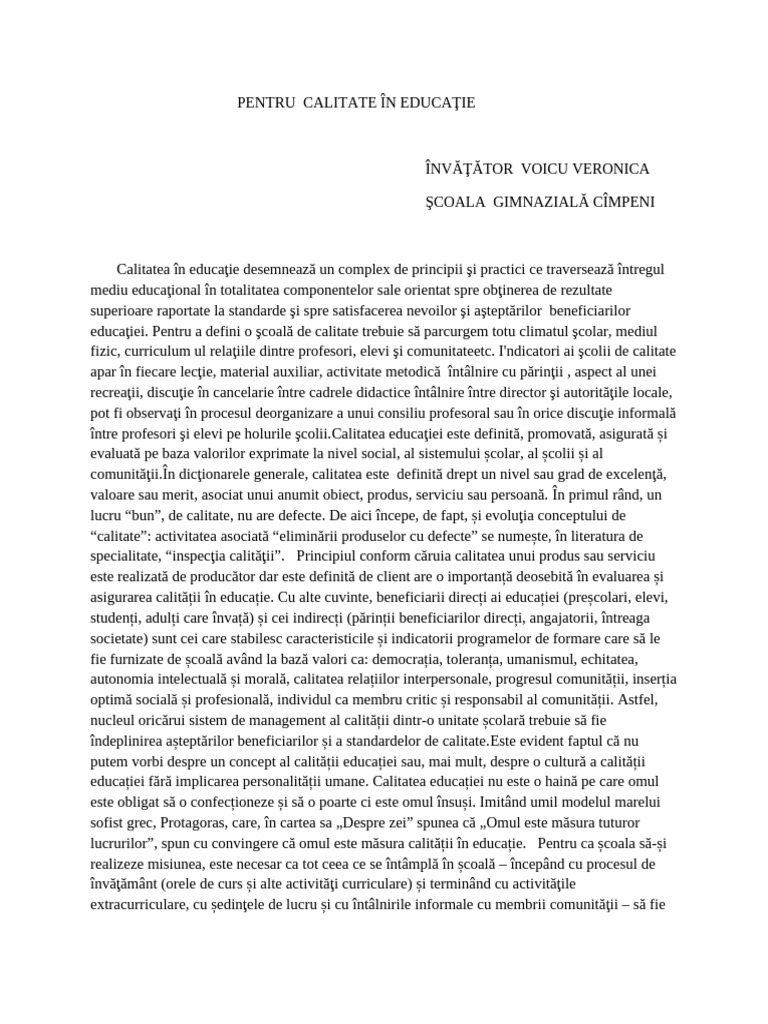 Pentru Calitate În Educaţie | PDF