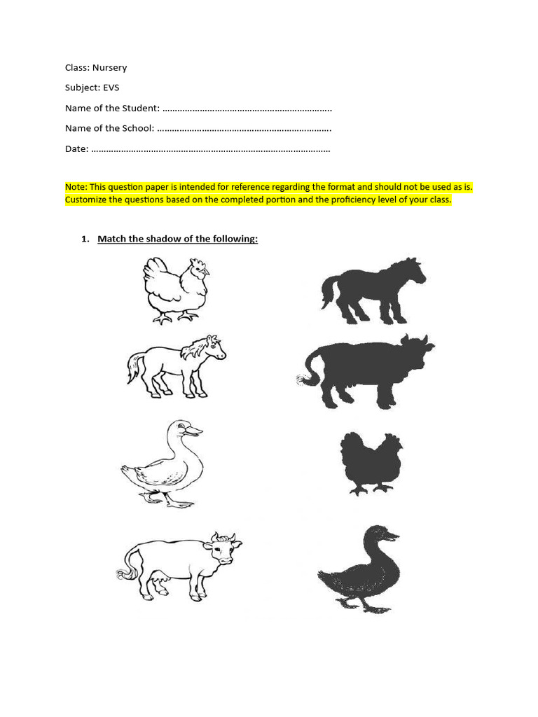 Nursery Question Paper - EVS | PDF