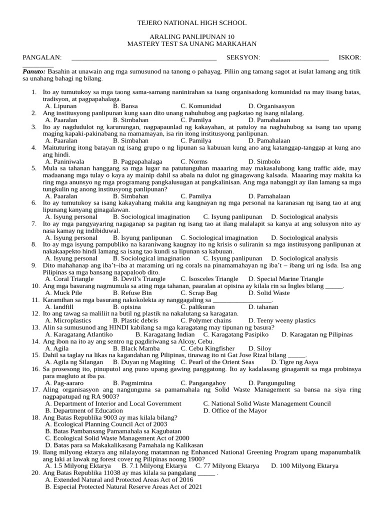 Araling Panlipunan 10 Mastery Test | PDF | Civil Defense | Emergency ...