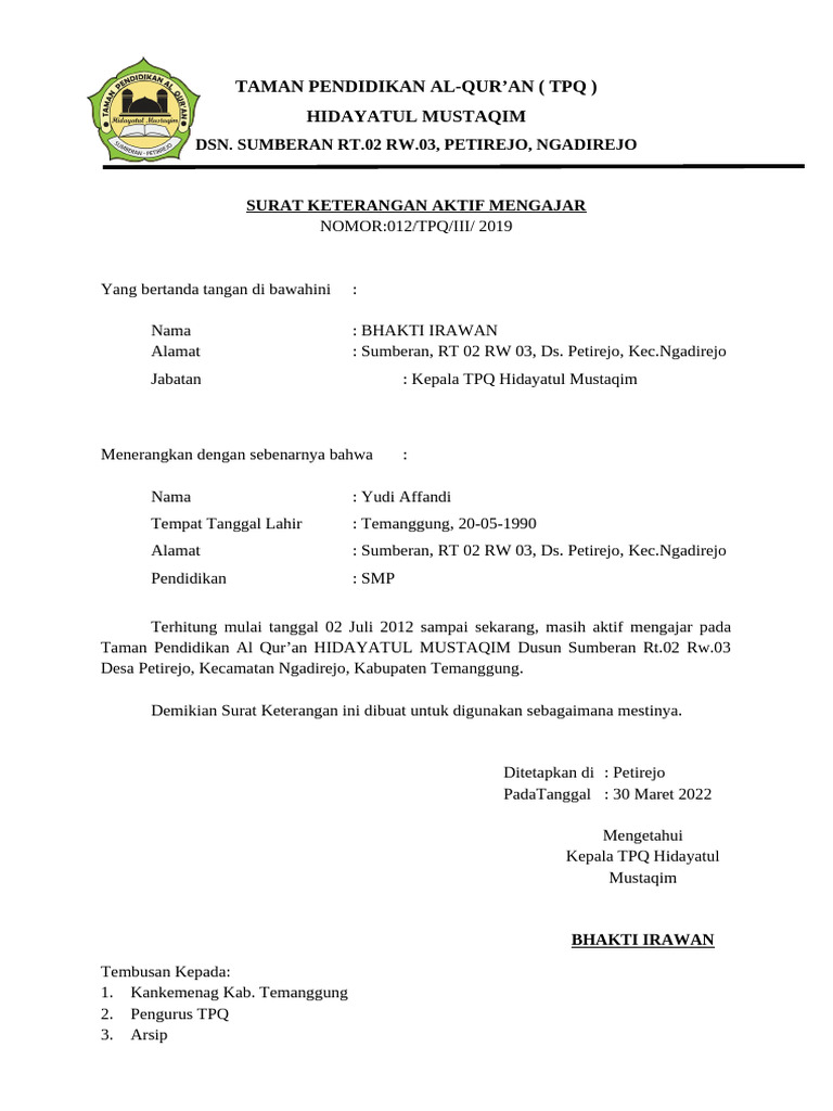 Surat Keterangan Aktif Mengajar TPQ-1-1 | PDF