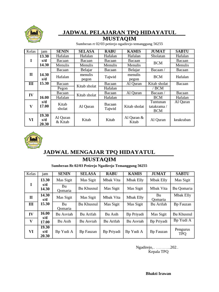 Jadwal Pelajaran TPQ Hidayatul Mustaqim | PDF