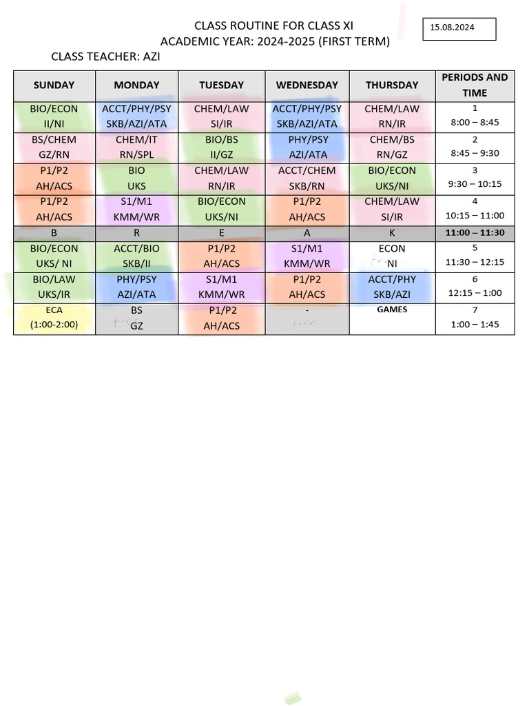 XI Class Routine | PDF