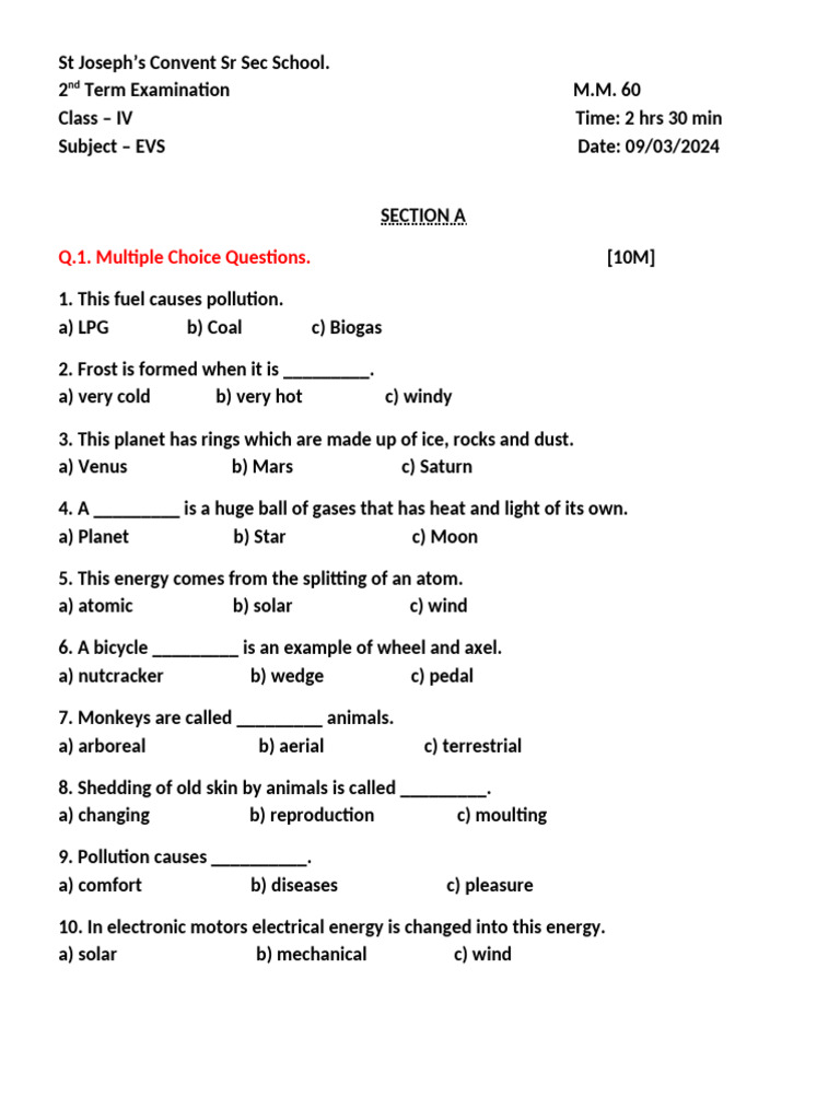 Class 4 EVS Question Bank | PDF