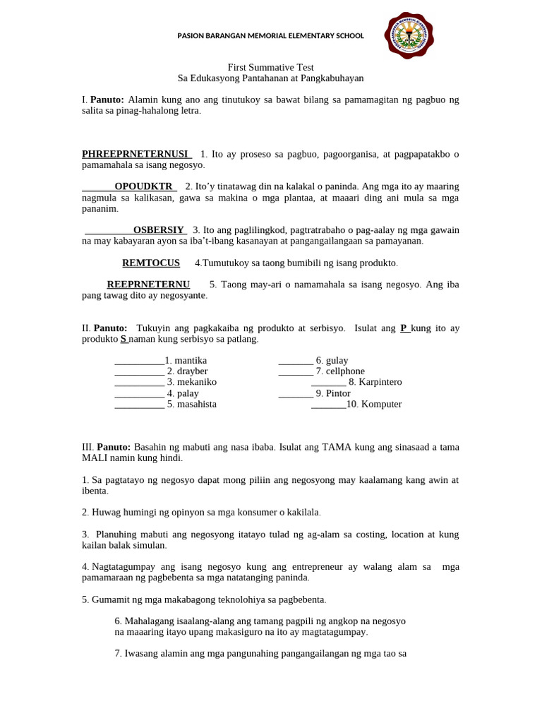 First Summative Test | PDF | Business