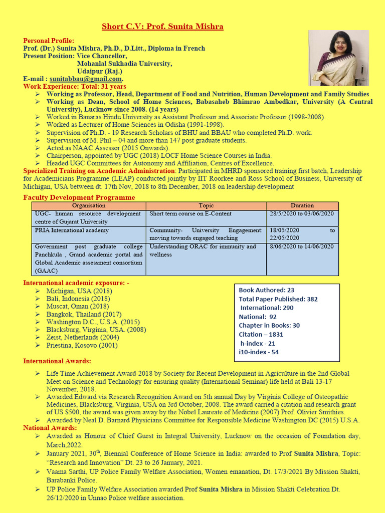CV of HVC Prof. Sunita Mishra | PDF