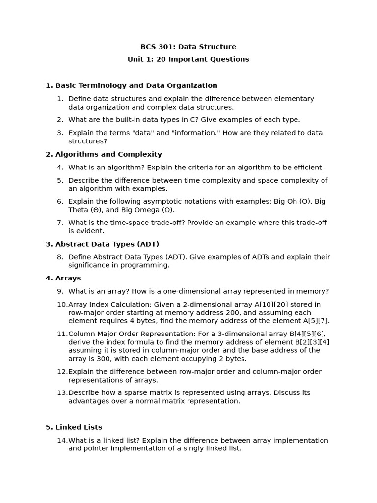 BCS 301 - Unit1 - 20questions | PDF | Algorithms And Data Structures | Computer Science