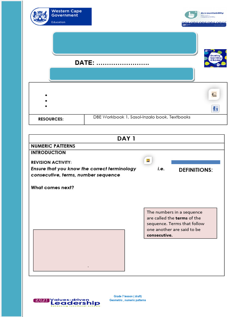 Lesson Plan Gr. 7 Mathematics Term 2 Week 5&6 Geometric & Numeric ...