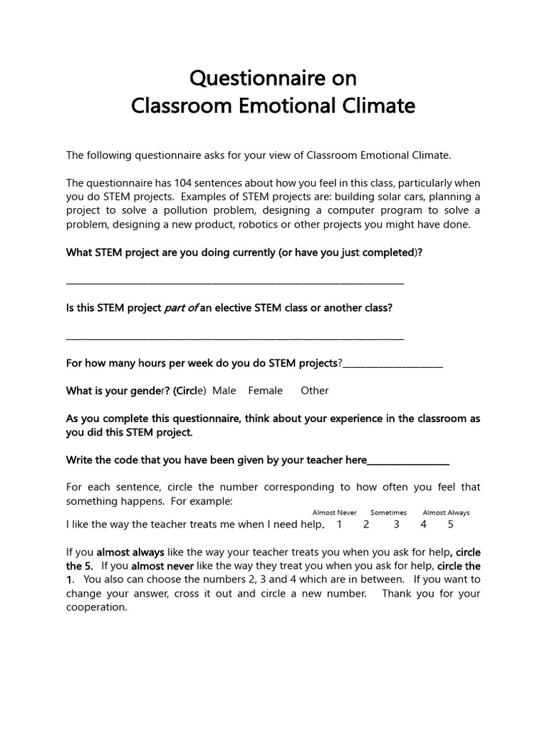 Questionnaire On Classroom Emotional Climate: Almost Never Sometimes ...