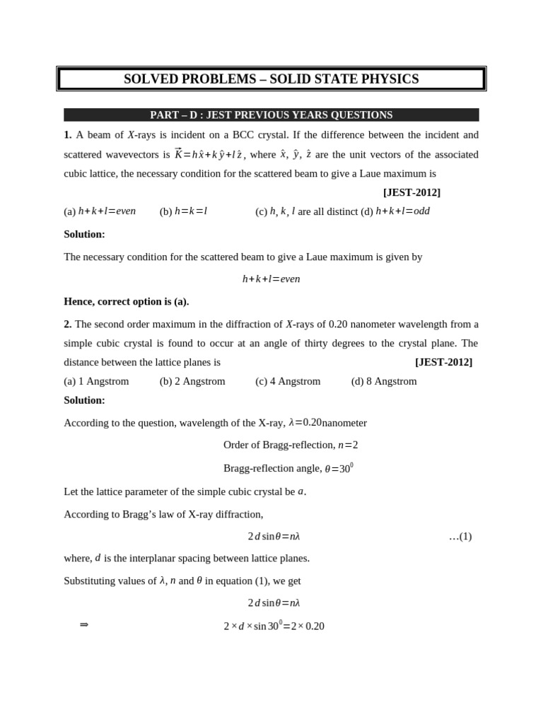 JEST - Solid State Physics | PDF
