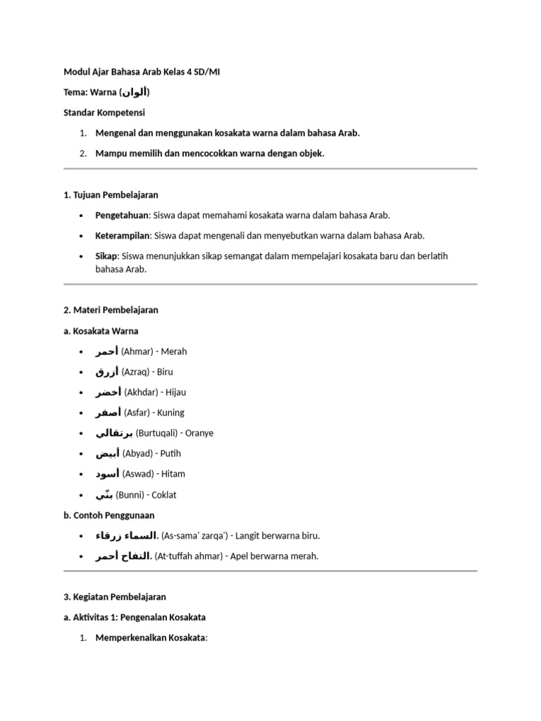 Modul Ajar Bahasa Arab Kelas 4 SD Tema Warna | PDF