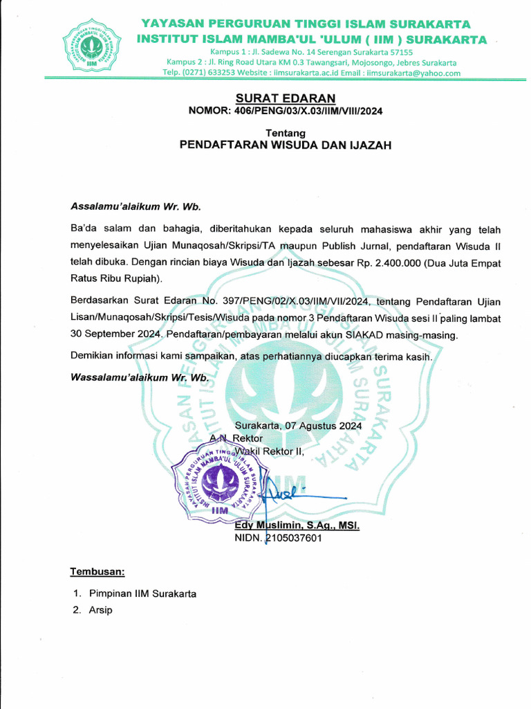 SURAT EDARAN Pembayaran Wisuda 2 2024 | PDF