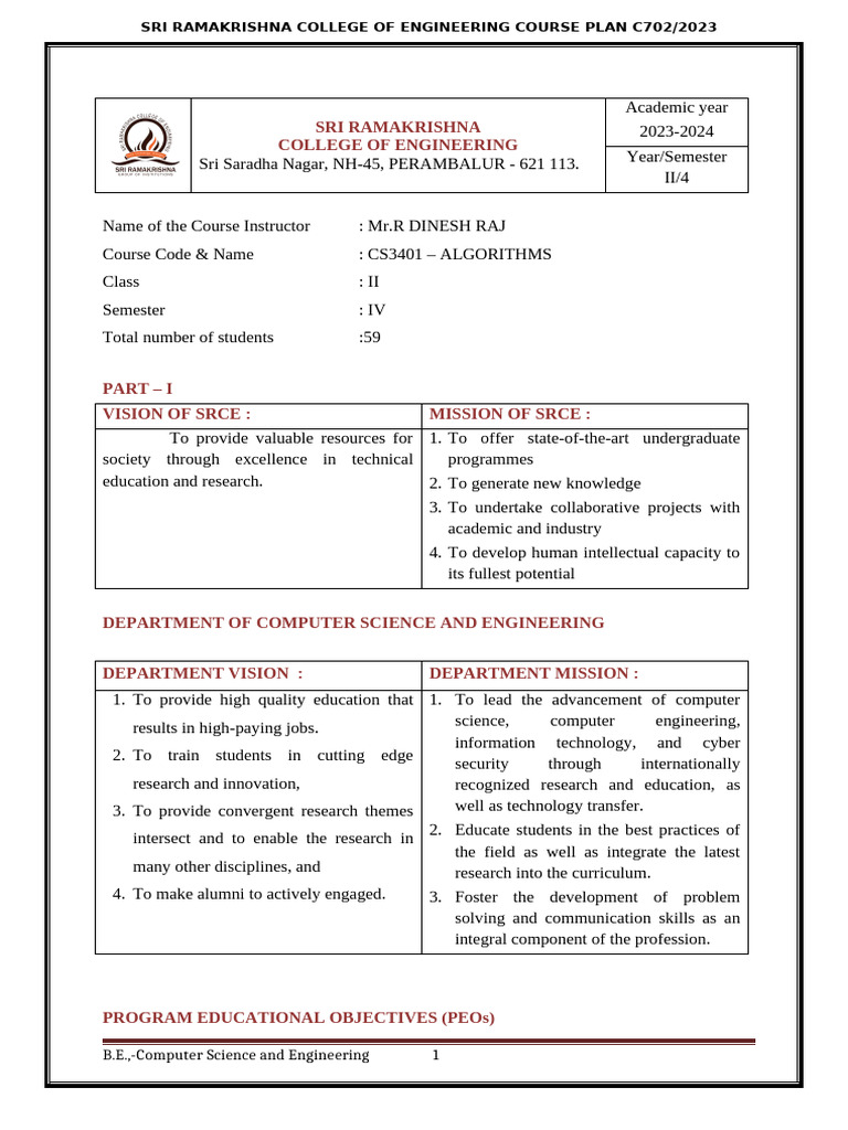 Course Plan - ALGORITHMS | PDF Course Plan - ALGORITHMS | PDF